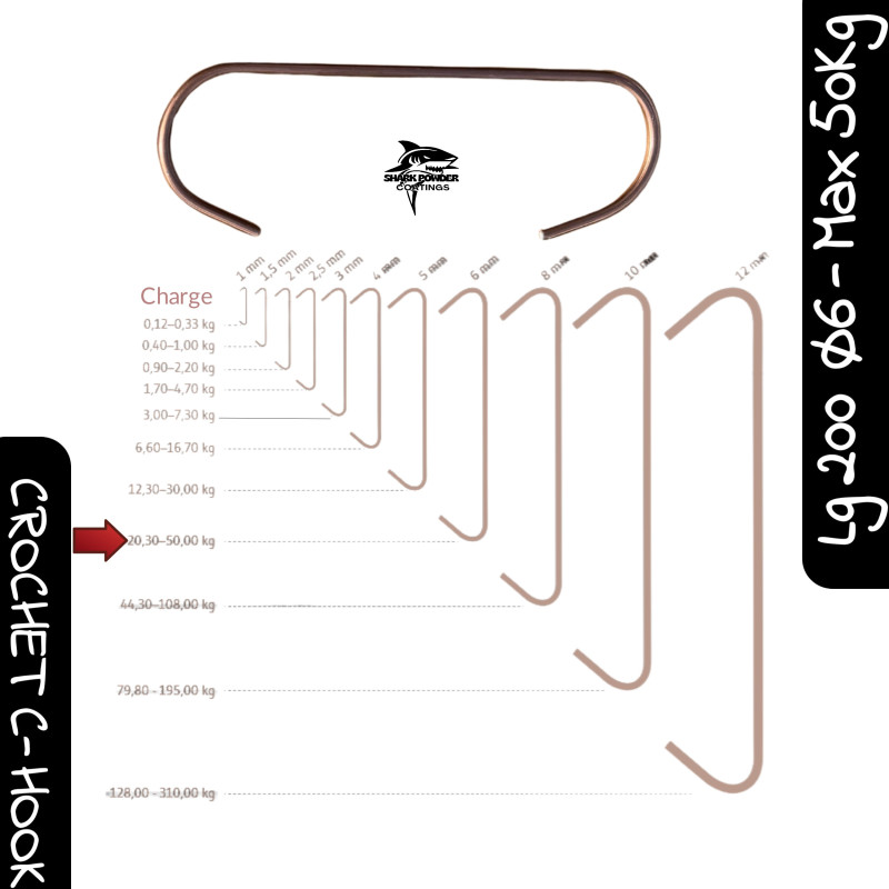 Pack of 10 large opening C hooks for powder coating 200mm Ø6mm 50kg ...